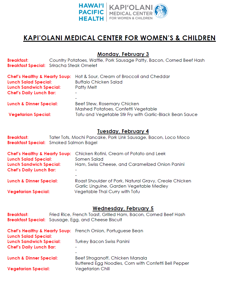 Kapiolani- Dining Room Menu