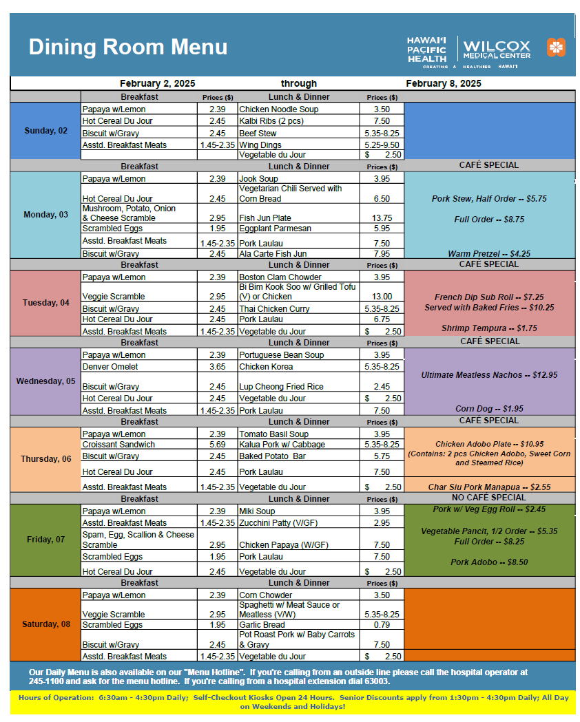 Wilcox Medical Center Cafe - New Menu Items