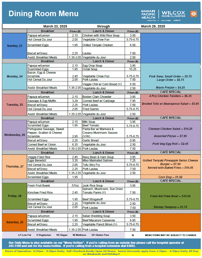 Wilcox Medical Center Cafe - New Menu Items